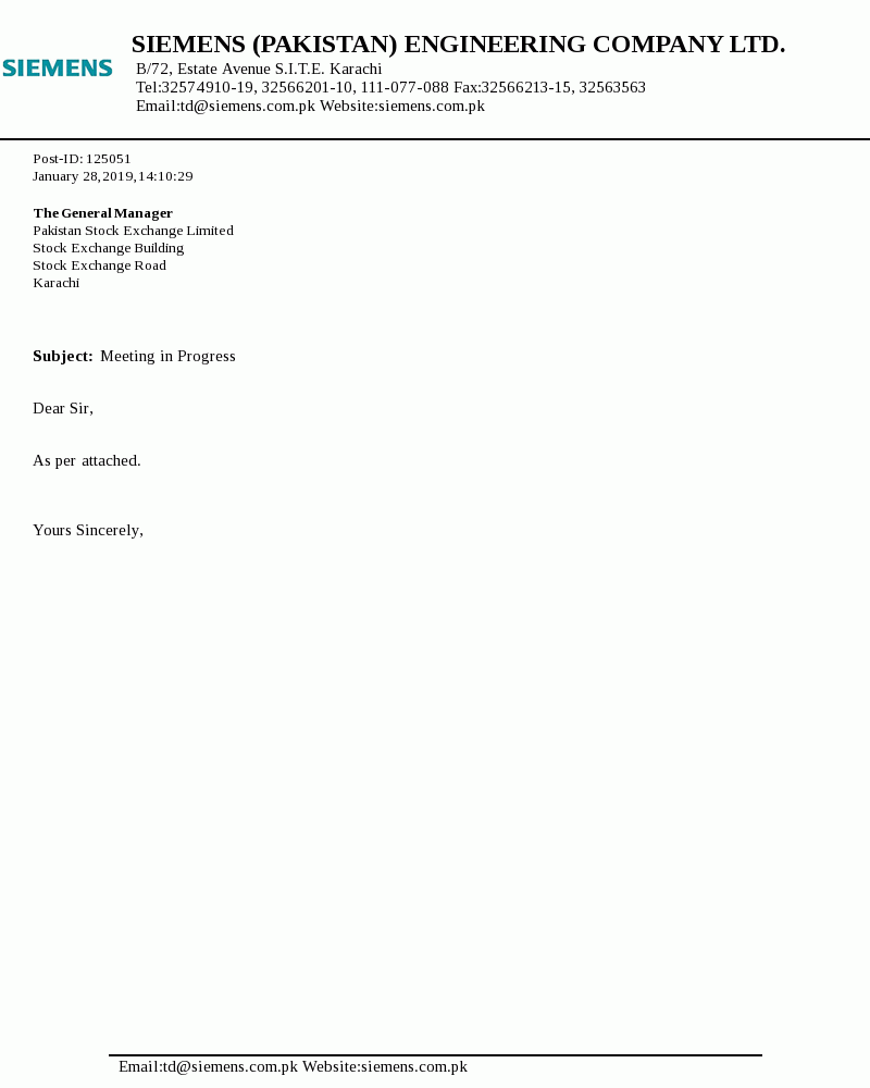 Siemens Pakistan Engineering Co. Limited informed Pakistan Stock ...