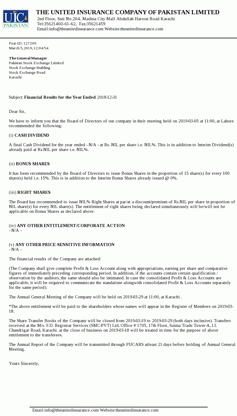 United Insurance Company of Pakistan Limited informed Pakistan Stock ...