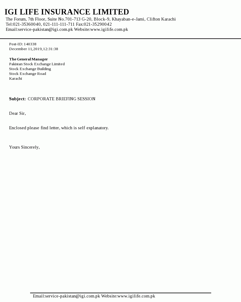 IGI Life Insurance Company Limited informed Pakistan Stock Exchange ...