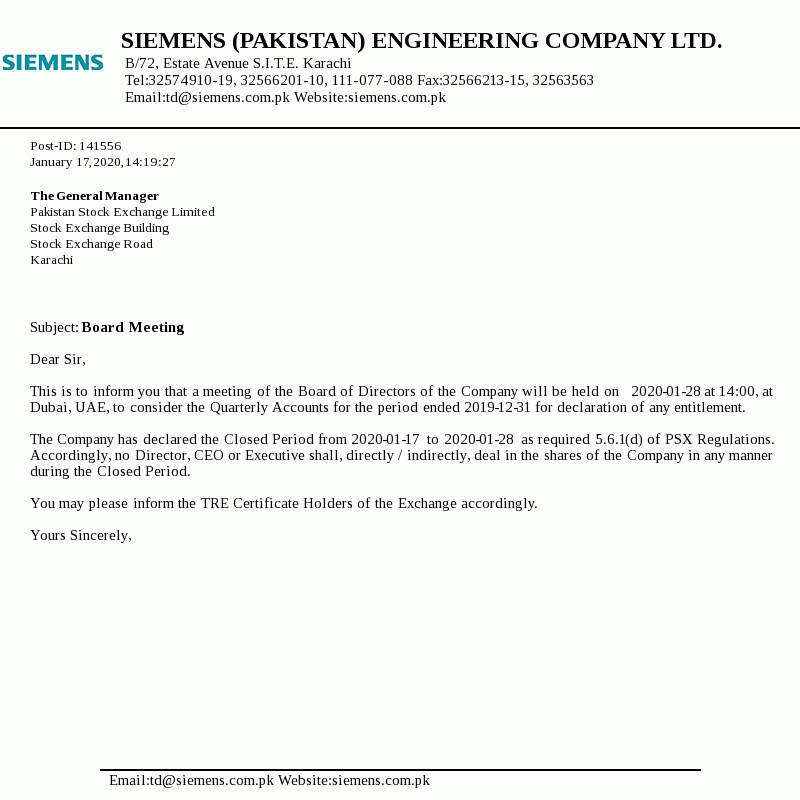 Siemens Pakistan Engineering Co. Limited informed Pakistan Stock ...