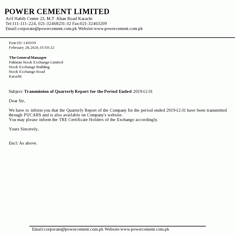 Power Cement Limited informed Pakistan Stock Exchange Investors about ...