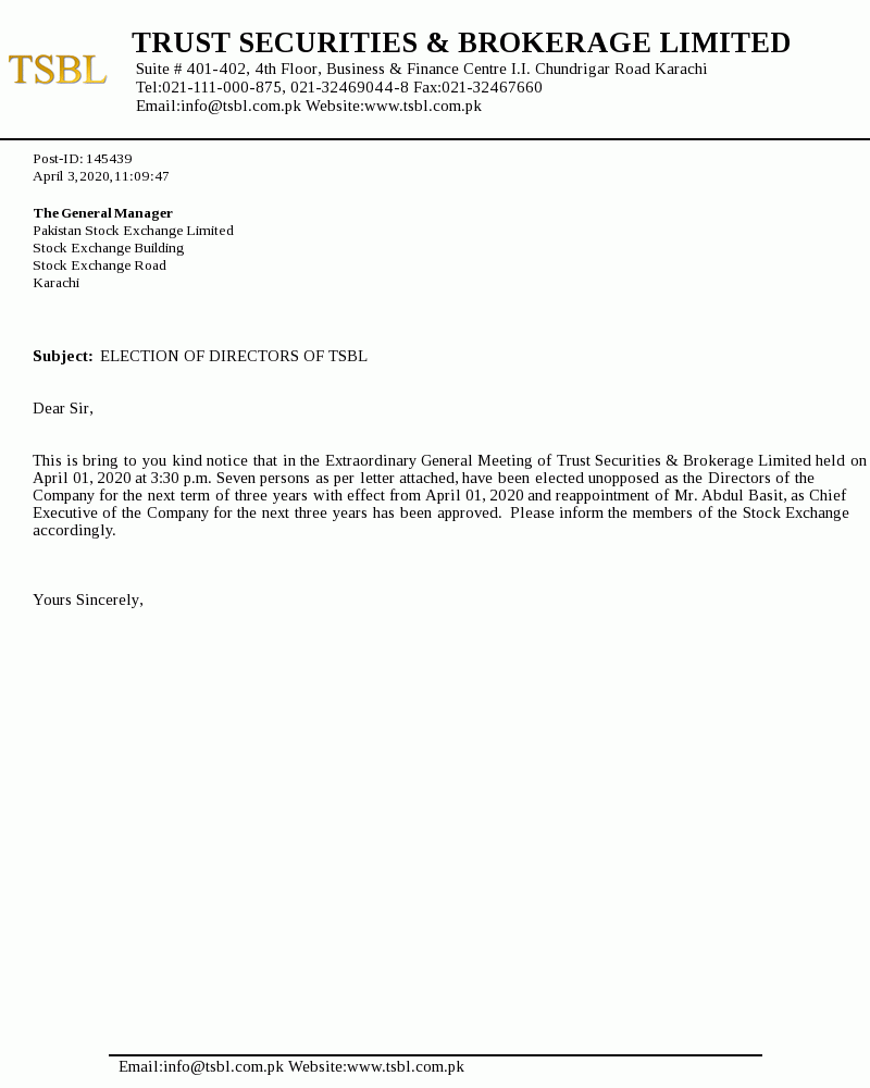 Trust Securities and Brokerage Limited informed Pakistan Stock Exchange ...