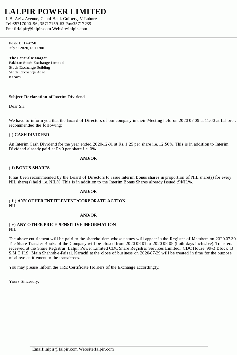 Lalpir Power Limited informed Pakistan Stock Exchange Investors about ...