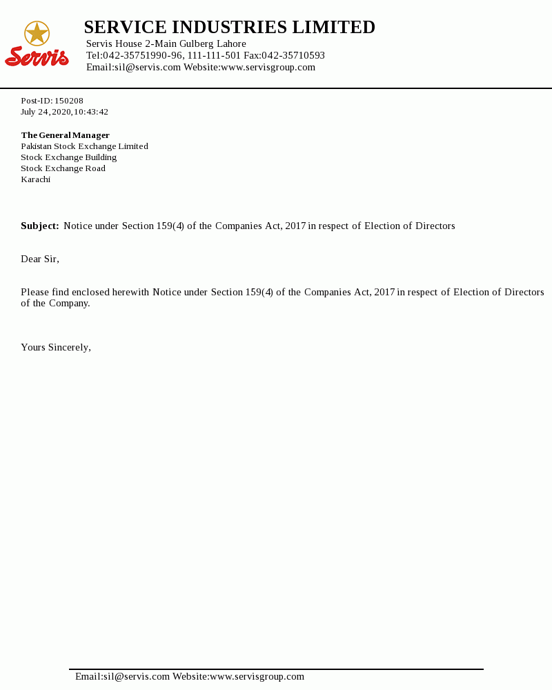 Service Industries Limited informed Pakistan Stock Exchange Investors ...