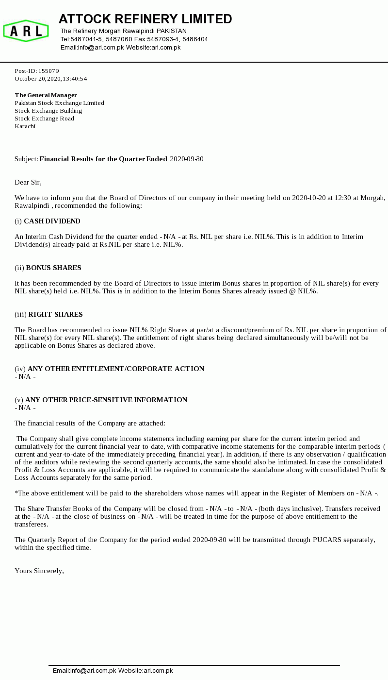 Attock Refinery Limited informed Pakistan Stock Exchange Investors ...