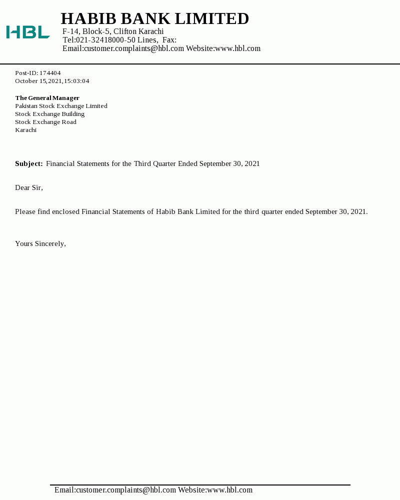 Habib Bank Limited informed Pakistan Stock Exchange Investors about ...