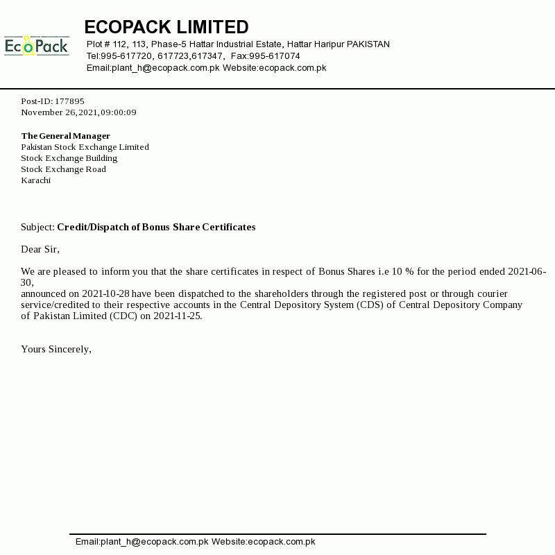 Ecopack Limited informed Pakistan Stock Exchange Investors about ...