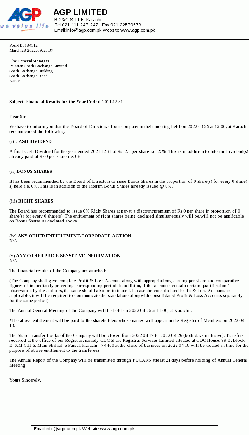 AGP Limited informed Pakistan Stock Exchange Investors about Financial ...