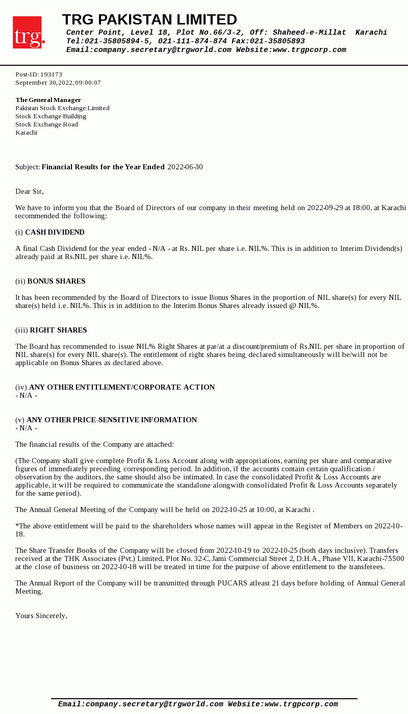TRG Pakistan Limited informed Pakistan Stock Exchange Investors about ...