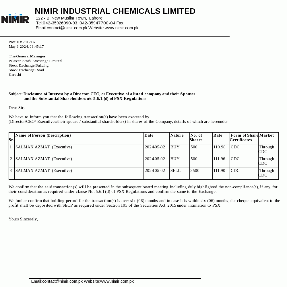 Nimir Industrial Chemicals Limited informed Pakistan Stock Exchange ...