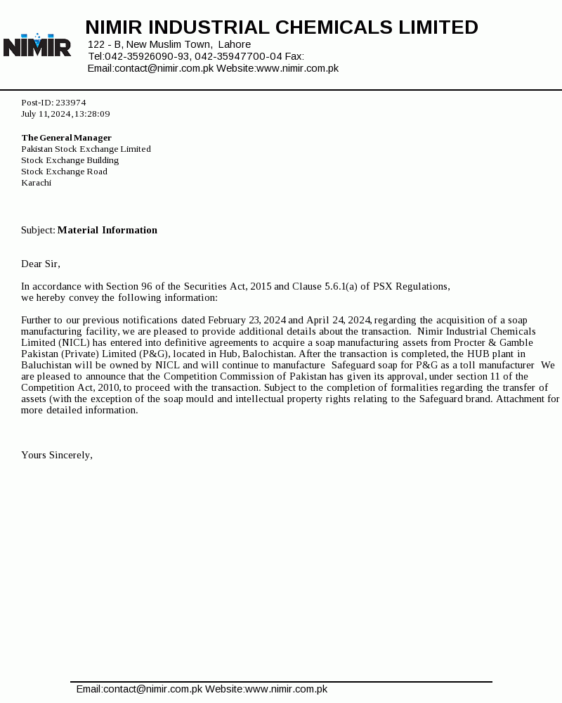 Nimir Industrial Chemicals Limited informed Pakistan Stock Exchange ...