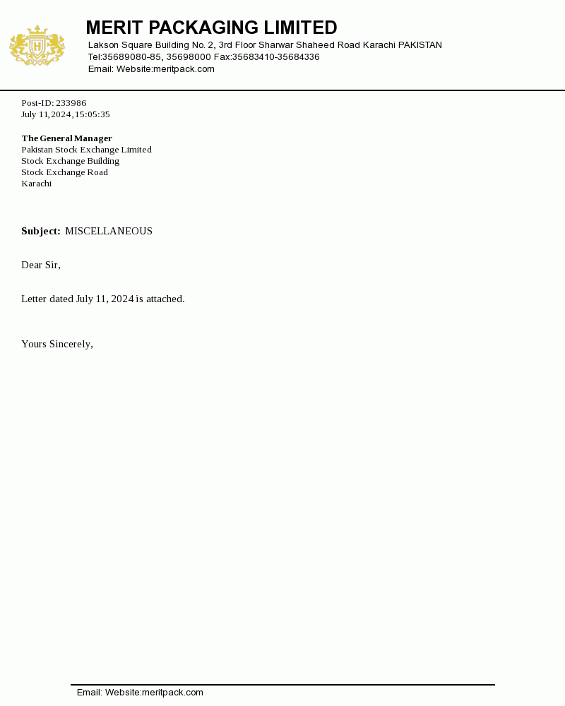 Merit Packaging Limited informed Pakistan Stock Exchange Investors about MISCELLANEOUS on 7/11/2024